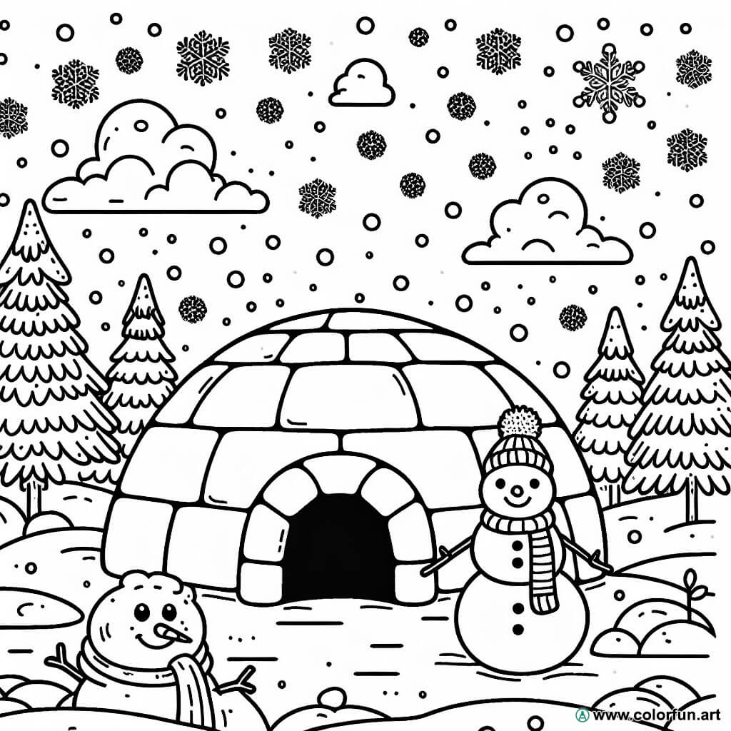Kleurplaat van een iglo onder de sneeuw Gratis te downloaden of af te ...
