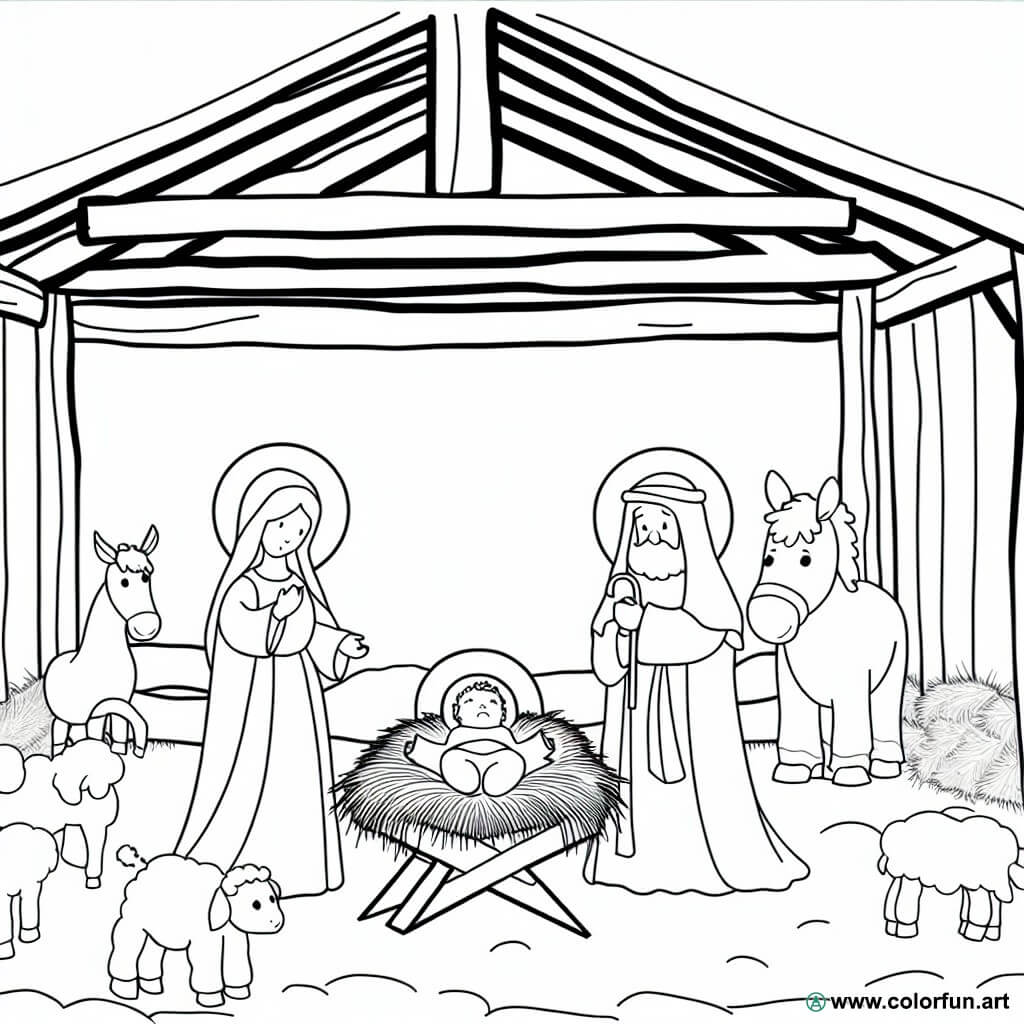 Kleurplaat van Kerstmis op de crèche Gratis te downloaden of af te drukken